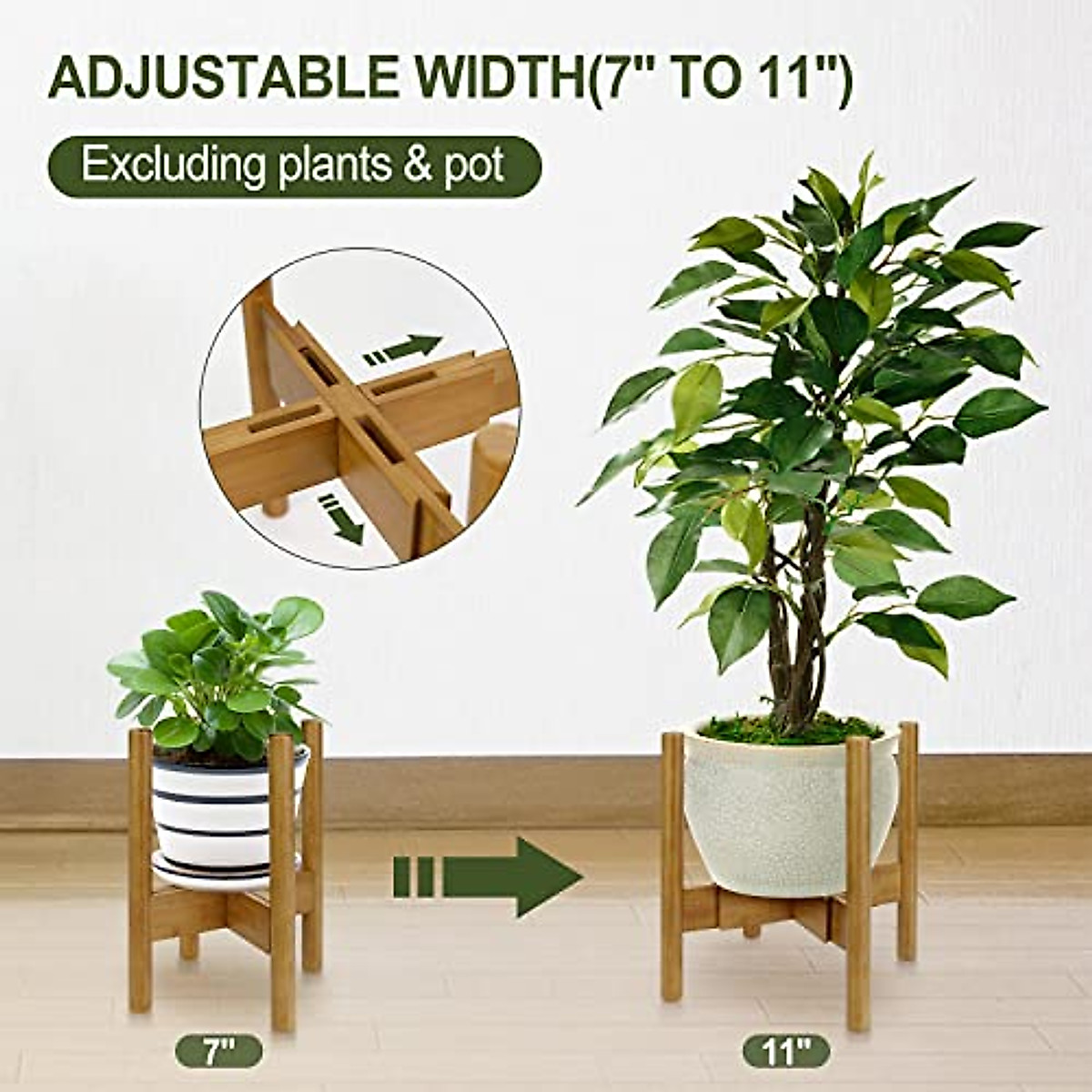 Blvornl 1 Pack Adjustable Plant Stand Indoor, 11.8 in Mid Century Plant Holder, Stable Bamboo Plant Stand for 7-11in Flower Potts (Excluding Potted Plants)
