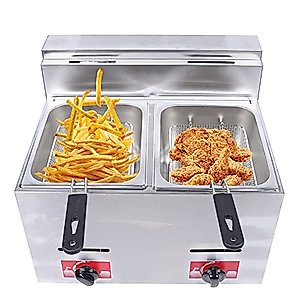 Commercial Deep Fryer, Stainless Steel Gas Deep Fryer Countertop with 10L 2 Baskets and Lid Gas Deep Fryer Propane LPG Deep Fryer
