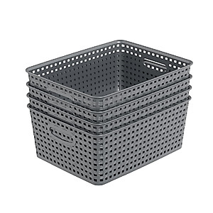 Kekow 4-Pack Gray Plastic Storage Basket, Pantry Woven Plastic Storage Basket