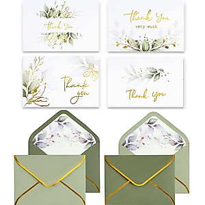 Winoo Design 100 PK Luxurious Gold Thank You Cards with Envelopes Bulk Sage Green - 5x3.5 Inches Wedding Thank You Notes Baby Shower Greenery Bridal Shower Small Business