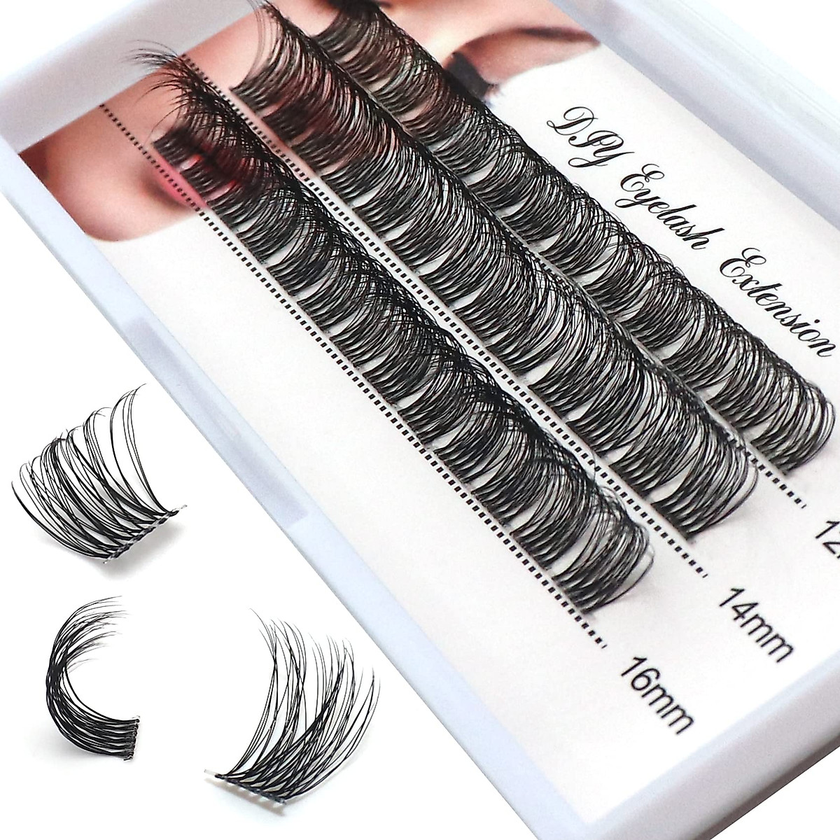 DIY Lash Clusters Lash Extension 39 Clusters Volume Individual D Curl Fluffy Lashes with Clear Band Makeup at Home Fake Eyelashes(FD02-12/14/16mm)