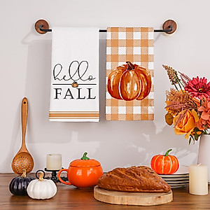 Siilues Fall Kitchen Towels Set of 2,18x26 Inch Fall Decor Hello Fall Decorations for Home Pumpkin Dish Towels Seasonal Thanksgiving Decorations for Home Kitchen Decor Hand Towels