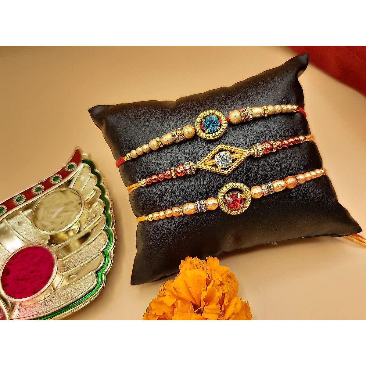 Palak Global Rakhi bracelet, Wrist Band. Fancy Rakhi three unique beautiful stones. Rakhi a best gift celebration with your Brother, Bhabhi/Sibling, Sister,beads and stone., stone