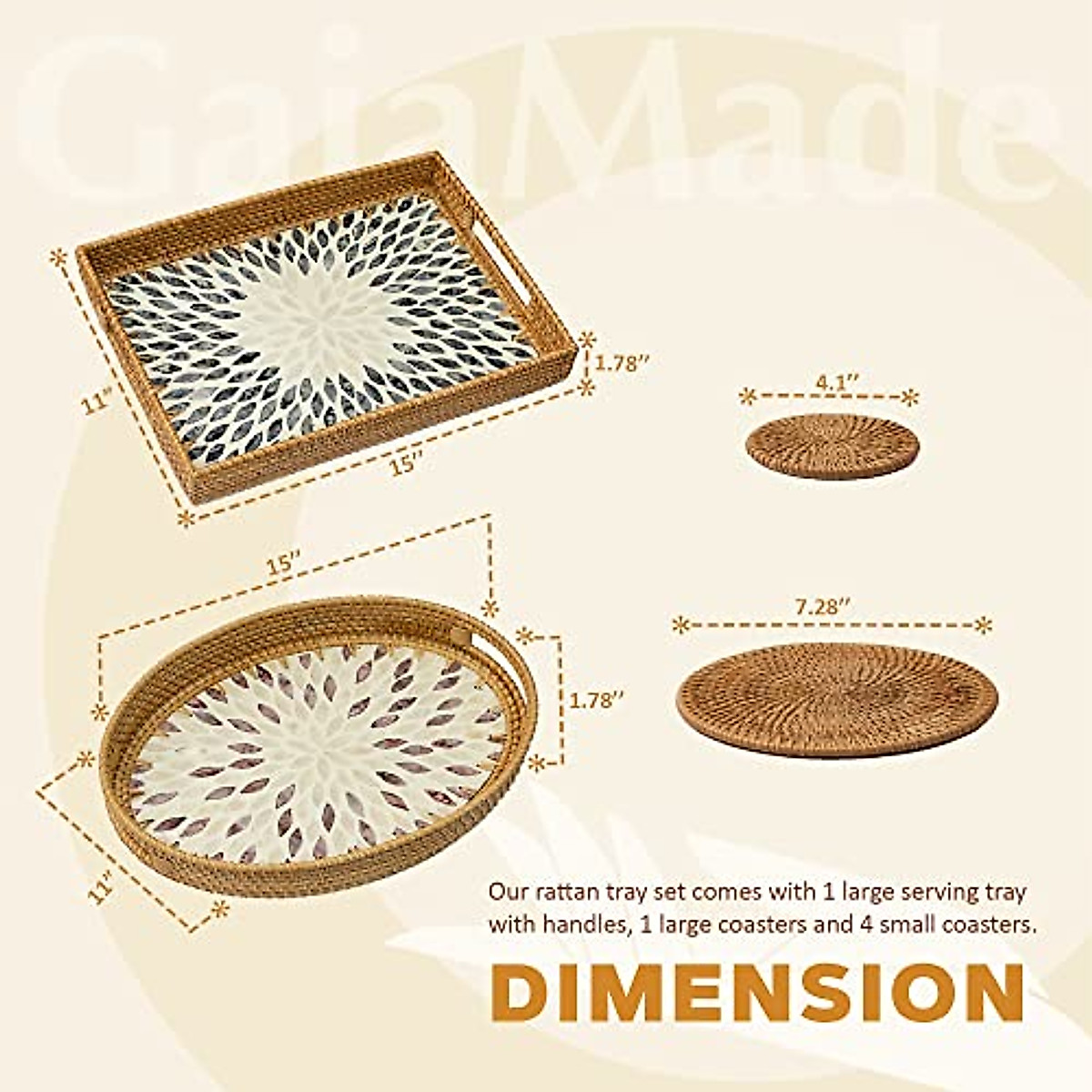 GaiaMade Large Rattan Mother of Pearl Inlay Serving Tray with 5 Coasters (1 Large, 4 Small), Coffee Serving Tray Set, Wicker Serving Tray for Coffee Table, Breakfast and Decoration, Oval Dark Blue