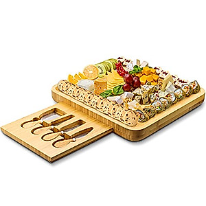 Bamboo Cheese Board and Knife Set, sungwoo Wood Charcuterie Servering Boards Set, Charcuterie Board Accessories, Cheese Plates, for Christmas Women Housewarming Day Wedding Thanksgiving