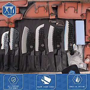 XYJ Authentic Since 1986,Vegetable Santoku Knives Set,Meat Butcher Knife With Holster,Roll Bag,Whetstone,Honing Steel,Kitchen Chef Knife,Camping Slice Knives,Full Tang,High Carbon Steel (Black)