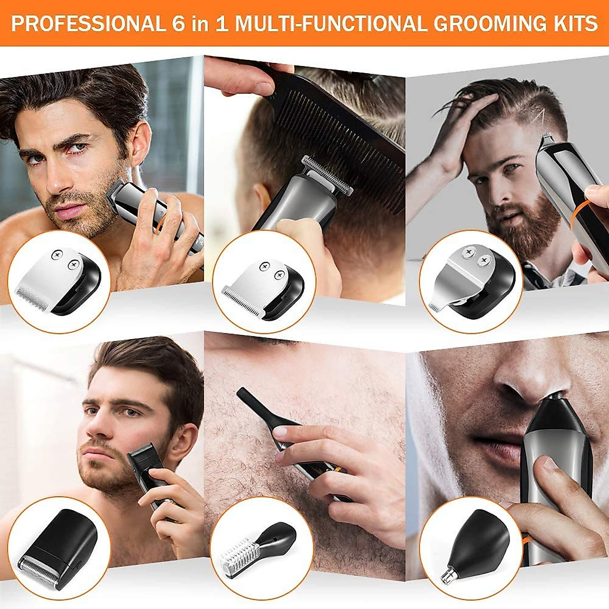 RESUXI Beard Trimmer for Men Hair Clippers Cordless Mustache Nose Trimmer Body Groomer, 6 in 1 Mens Grooming Kit Clippers Hair Cutting Kit, Waterproof USB Rechargeable LCD Display Stand Base