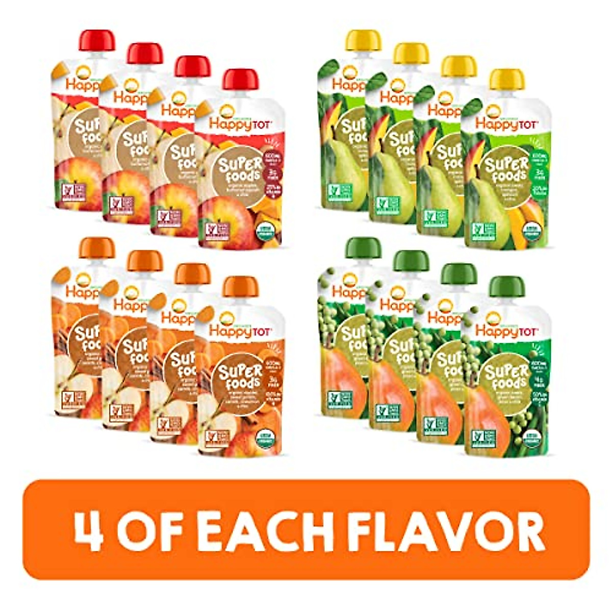 HAPPYTOT Organics Super Foods Stage 4, Super Foods Variety Pack, 4.22 Ounce Pouch (Pack of 16) packaging may vary