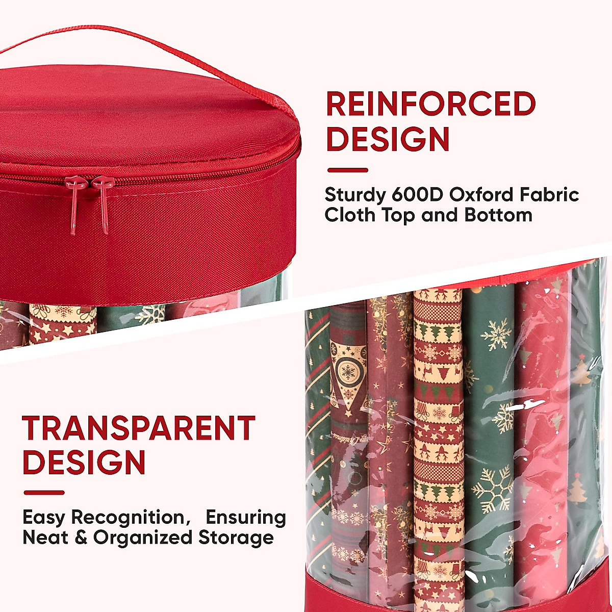 BALEINE Christmas Wrapping Paper Organizer Storage, 41" Gift Wrapping Paper Storage Containers, Clear PVC with Durable 600D Oxford Fabric Gift Wrap Paper Holder Fits 18-25 Rolls, Grey