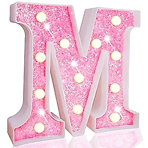 Pooqla LED Marquee Letter Lights, Light Up Pink Letters Glitter Alphabet Letter Sign Battery Powered for Night Light Birthday Party Wedding Girls Gifts Home Bar Christmas Decoration, Pink Letter M