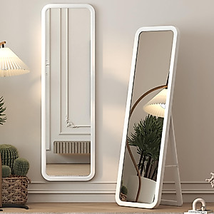 LVSOMT 63"×18” Wooden Full Length Mirror, Full Body Mirror, Standing Floor Mirror, Solid Wood Frame, Rounded Corner, Stand Up or Wall-Mounted, Dressing Mirror for Bedroom, Rustic Mirror, White