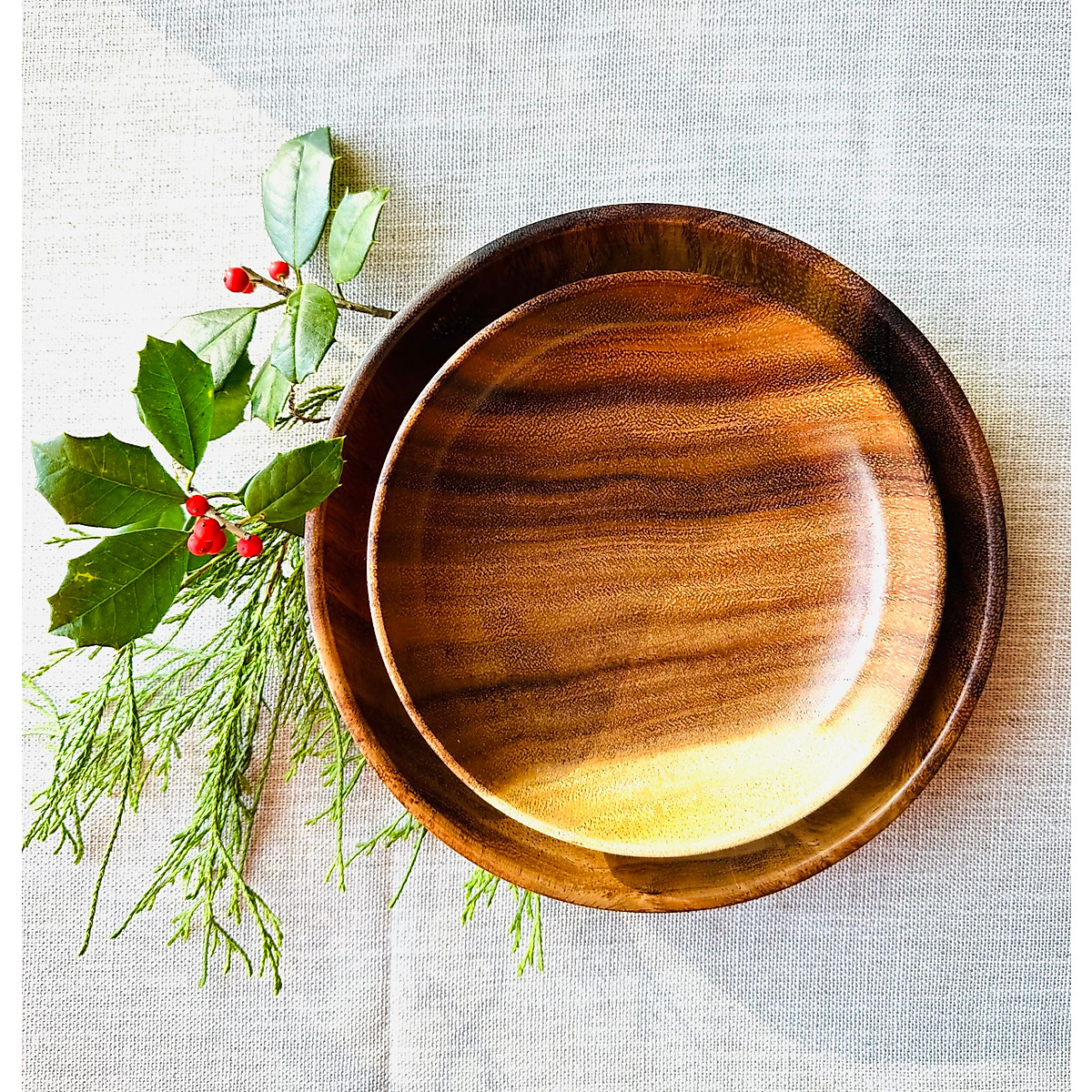 Wooden Bowls set of 2: 8'' Shallow Pasta Bowl and 6'' Dessert/Side Dish Shallow Wood Bowl for Food, Snack & Fruit: Hand-Crafted from Solid Acacia Wood | 100% Organic Packaging