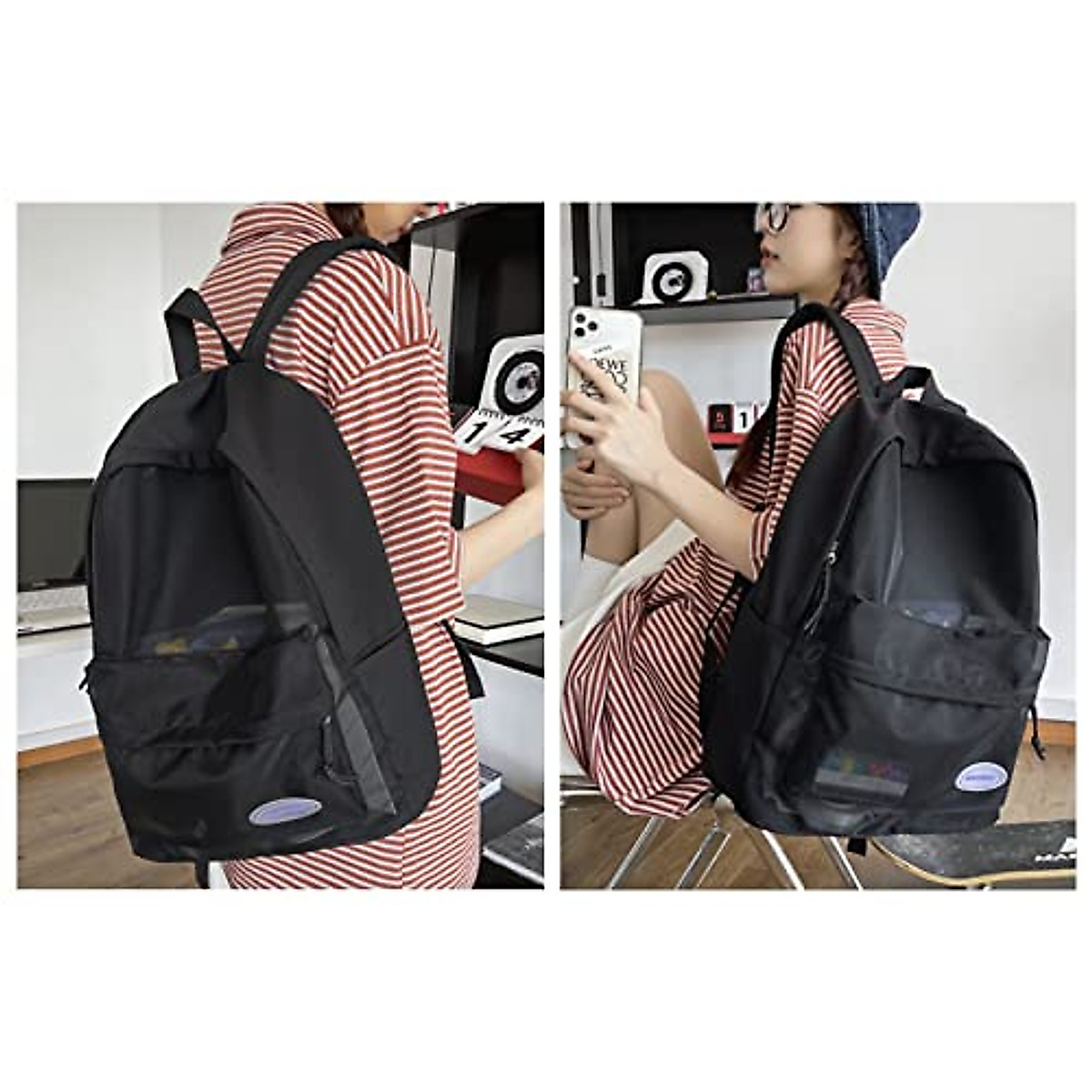 MeganJDesigns Semi-See Through Mesh Backpacks Lightweight Transparent Bag Durable Backpack Stadium Approved for School Student (02#Black)