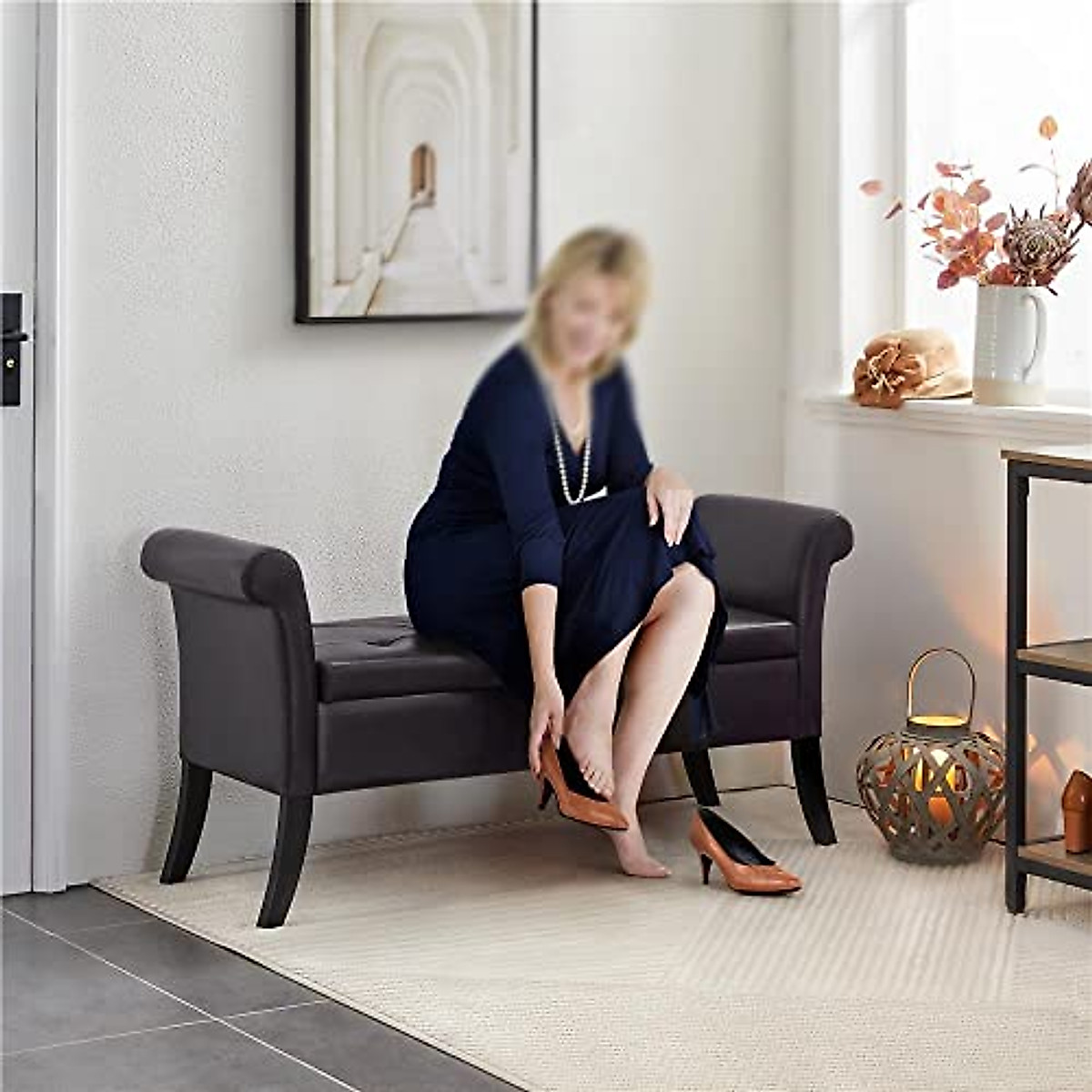 Yaheetech 52in Ottoman Bench Folding Storage Ottoman Bench Tufted Faux Leather Entryway Bench with Arms Footstool with Large Storage Foot Rest Seat Rolled Arms Cushioned Ottoman Dark Brown