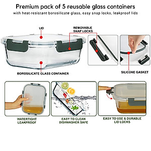 Brieftons Glass Meal Prep Containers: 5 Pack, 30 Oz with Airtight, Leakproof Snap Locking Lids, Perfect for Food Storage, Lunch & Portion Control, BPA-Free, Microwave, Oven, Freezer & Dishwasher Safe