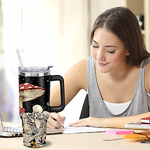 thmasamwr Mushroom Tumbler with Lid and Straw, Stainless Steel Mushroom 40oz Tumbler with Handle, Black Mushroom Travel Coffee Mug Mushroom Gifts Cups for Women and Men