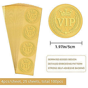 CRASPIRE 2 Inch Gold Embossed Envelope Seals Stickers VIP Crown 100pcs Adhesive Embossed Foil Seals Stickers Label for Wedding Invitations Gift Packaging