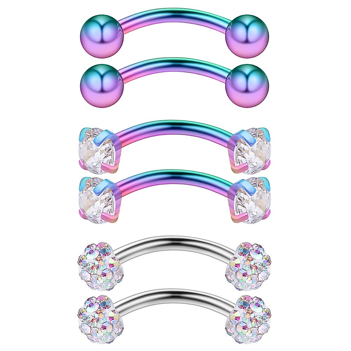 Ruifan 3PRS 16G 3/8" (10MM) Stainless Steel 3mm CZ/Gems/Ball Curved Barbell Eyebrow Tragus Lip Belly Ring Piercing Jewelry - Rainbow