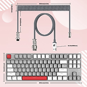 A.JAZZ AK873 Wired 87 Key TKL Retro Color Mechanical Gaming Keyboard with Rainbow Backlit Hot-swap Linear Red Switch NKRO Gasket Custom Coiled Aviator C to A Cable for Win/PC/Mac Gamer(White Gray)