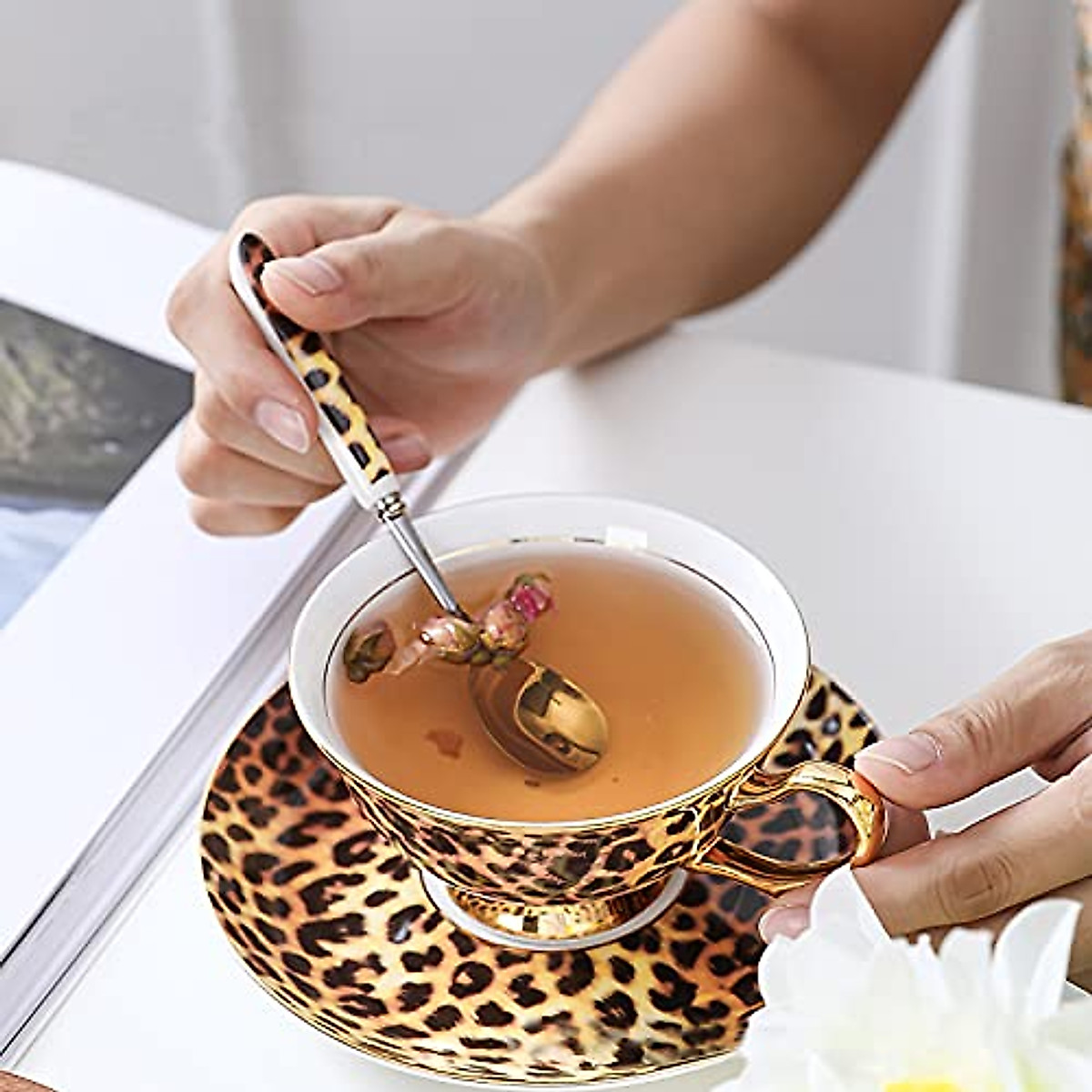 amokk Coffee Cup and Saucer Sets - 6.7 Oz Bone China Tea Cup with Saucer and Spoon - Fancy Coffee Mugs for Office, Coffee Table, Afternoon Tea (Leopard)
