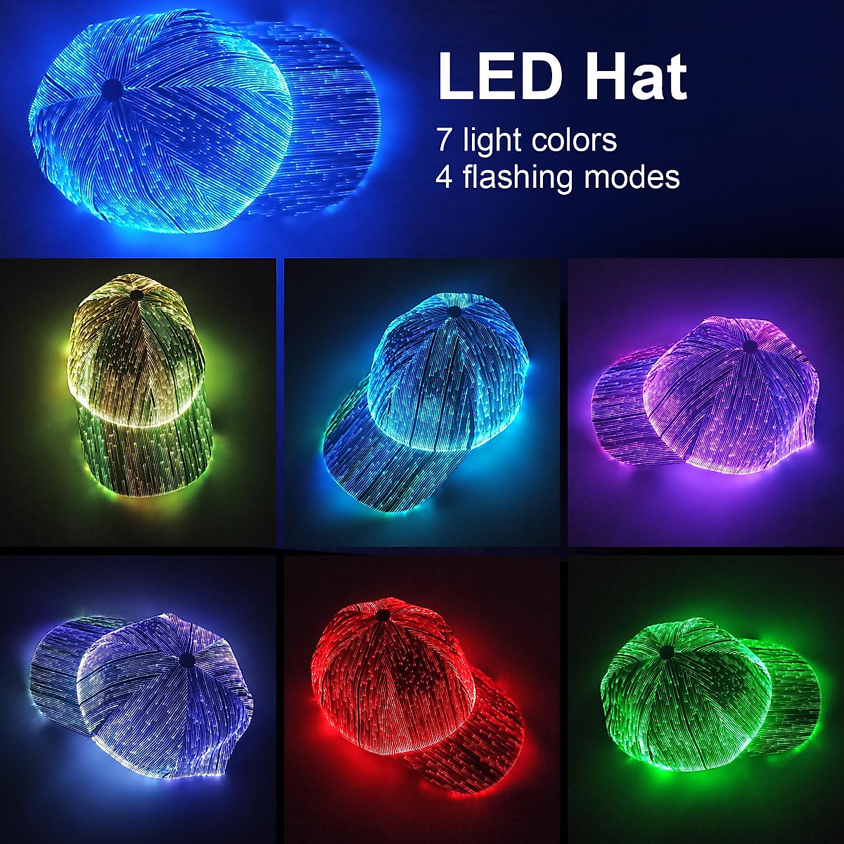Ruconla Fiber Optic Cap LED hat with 7 Colors Luminous Glowing EDC Baseball Hats USB Charging Light up Even Party led Halloween cap for Event Holiday Black