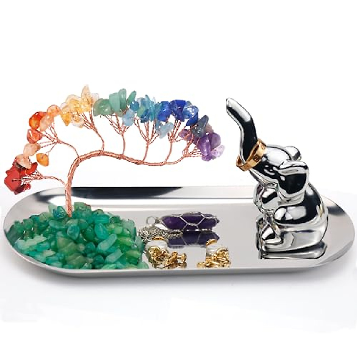 Carselage Elephant Ring Holder for Jewelry, Elephant Gifts for Women, Chakra Crystal Tree Ring Dish Earrings Box Organizer Trinket Tray, Living Room Bathroom Home Decoration, Mothers Day Mom Gifts