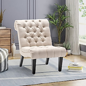 Yongqiang Accent Chairs Set of 2 Modern Armless Living Room Bedroom Chairs Upholstered Button Tufted Slipper Chairs with Solid Wood Legs Cream Fabric