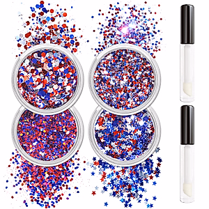 Allstarry Chunky Body Glitter 4 Colors Cosmetic Patriotic Face Glitter Independence Day Hair Sequins Sparkle Veterans Day Eye Flakes 4th of July Accessories for Women Face Paint Makeup Nails Art