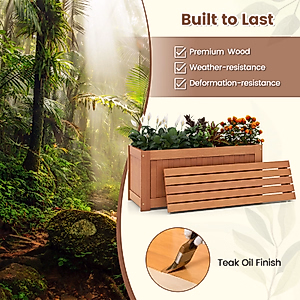 Giantex 2-in-1 Outdoor Bench, Wood Raised Garden Bed with Open Base, Teak Oil Finish, Rectangular Deep Planter Boxes for Flowers Fruit Vegetable, Bench Seat for Porch Yard Balcony Lawn