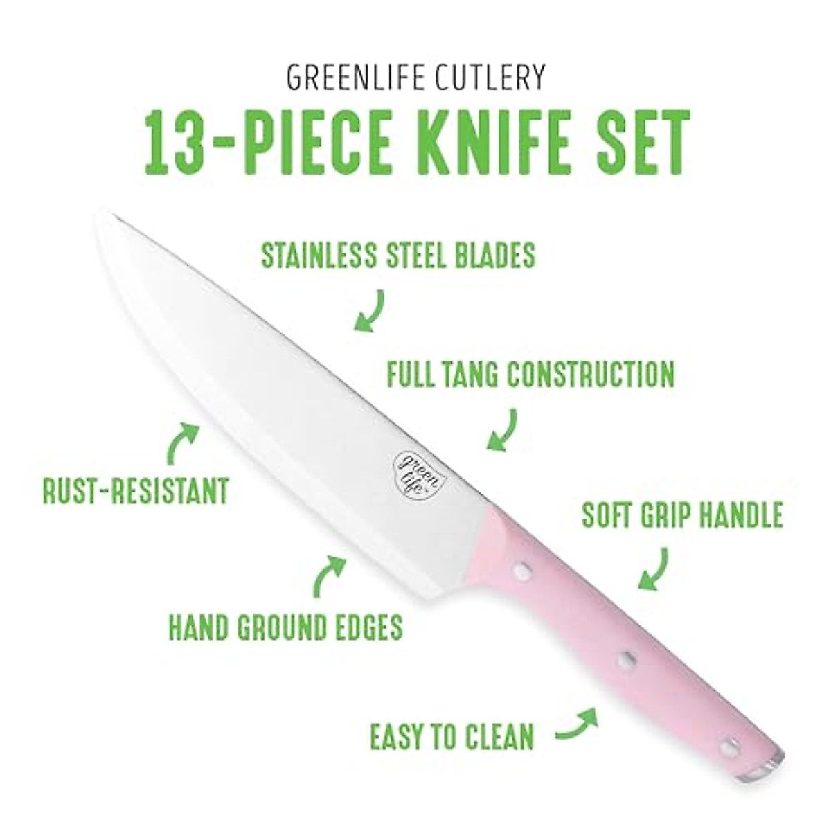 GreenLife High Carbon Stainless Steel 13 Piece Wood Knife Block Set with Chef Steak Knives and more, Comfort Grip Handles, Triple Rivet Cutlery, Soft Pink