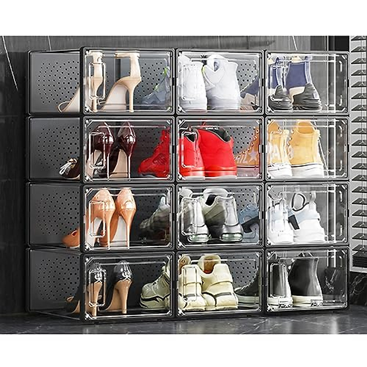 SYGSZF Clear Plastic Shoe Storage Boxes, Foldable Shoe Cabinet,Space Saving Acrylic Shoe Organizer with Magnetic Door,Stackable Large Shoe Stand,Multifunctional Sneaker Storage Show Boxes