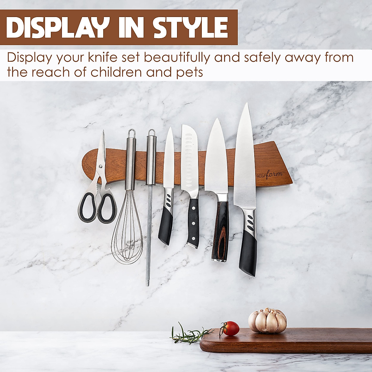 Magnetic knife holder for wall no drill - 16" Wooden knife magnetic strip no drilling option w/adhesive backing & drilling hardware | Magnetic knife strip | kitchen knife organizer rack -Light Brown