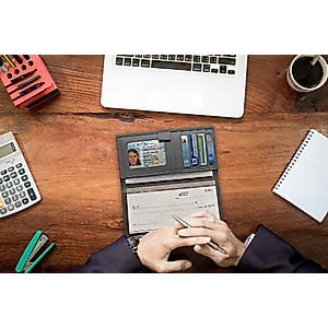 Black RFID Leather Checkbook Cover With Credit Card Slots and Pen Holder