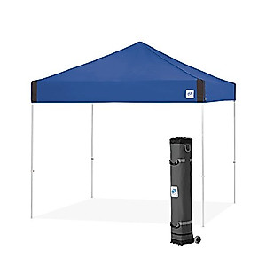 E-Z UP Pyramid Instant Shelter Canopy, 10' x 10' with Wide-Trax Roller Bag & 4 Piece Spike Set, Royal Blue