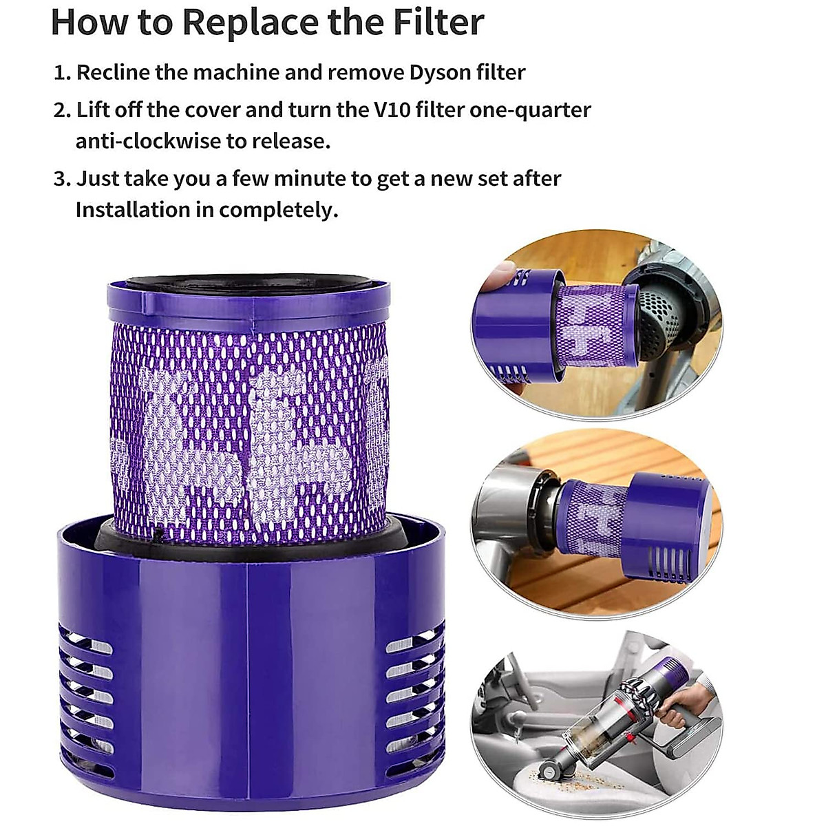 Dyson V10 Cyclone Series Replacement Filter - 2 Pack Washable Hepa Filter for V10 Absolute, Animal, Total Clean, Motorhead, SV12 (Part #969082-01)