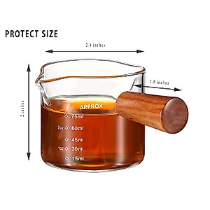 Espresso Shot Glass 75ML Double Spouts Espresso Measuring Cup Milk Cup Espresso Accessories with Wood Handle for Barista Coffee Espresso Making (2 Pack)