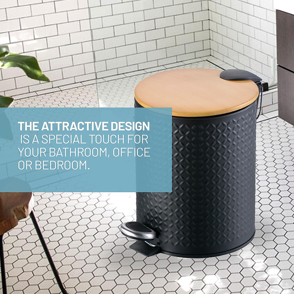 AWENN - Kitchen Garbage Trash Can with Wooden Lid and Pedal - Touchless Round Shape Waste Bin - Stainless Steel Dustbin for Kitchen, Bathroom, Office and Outdoors – Black (1.3 Gallon – 5 Liters)