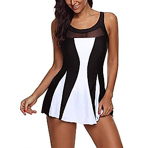 American Trends Bathing Suit for Women Tummy Control Swim Dress One Piece Swimsuits Mesh Swimming Suit Skirt Swimwear Black White 14-16
