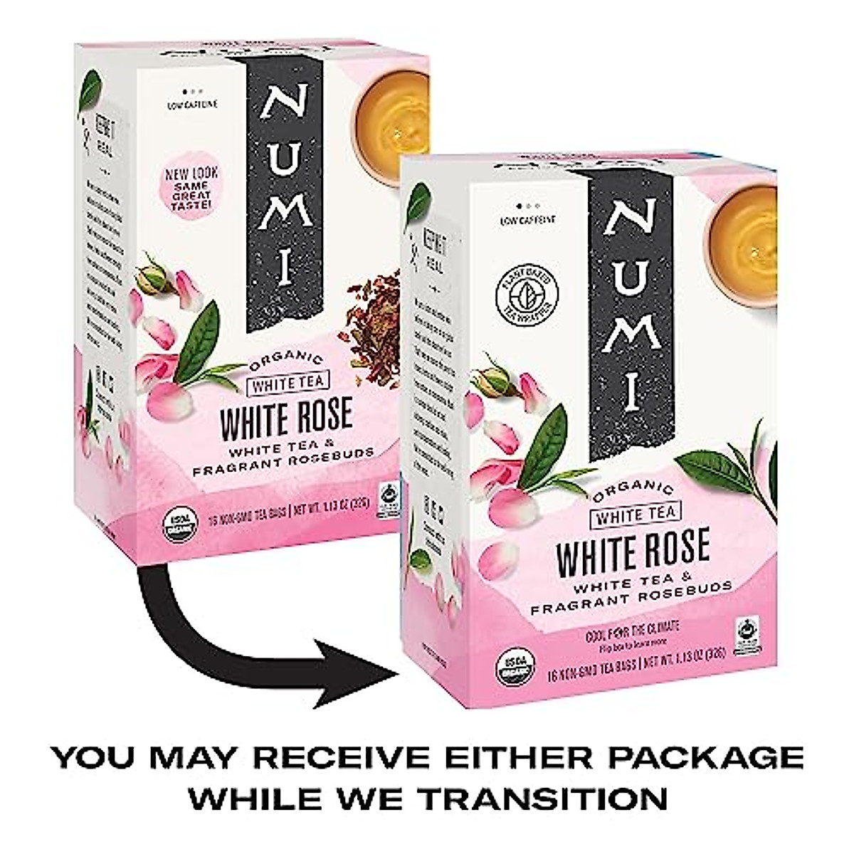 Numi Organic White Rose Tea, 16 Tea Bags, White Tea & Fragrant Rosebuds, Low Caffeine (Packaging May Vary)