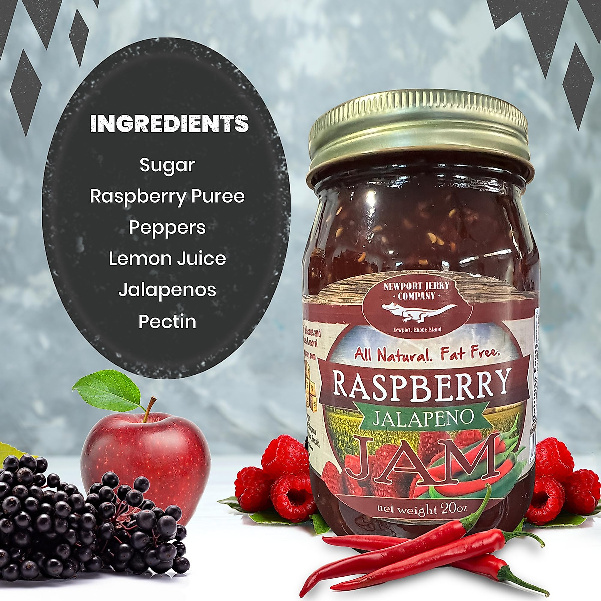 Newport Jerky Company All Natural Gourmet Raspberry Jalapeno Jam | Classic Spread for Burgers, Sandwiches, Toast, Cream Cheese, Charcuterie | Made in the USA! | Large Re-Usable 20 oz Glass Jar | FAT FREE, GLUTEN FREE & ALL NATURAL