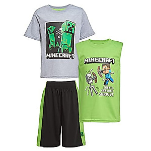 Minecraft Boys Creepers 3 Piece T-Shirt Tank Top Short Set (Gray Heather, 4)