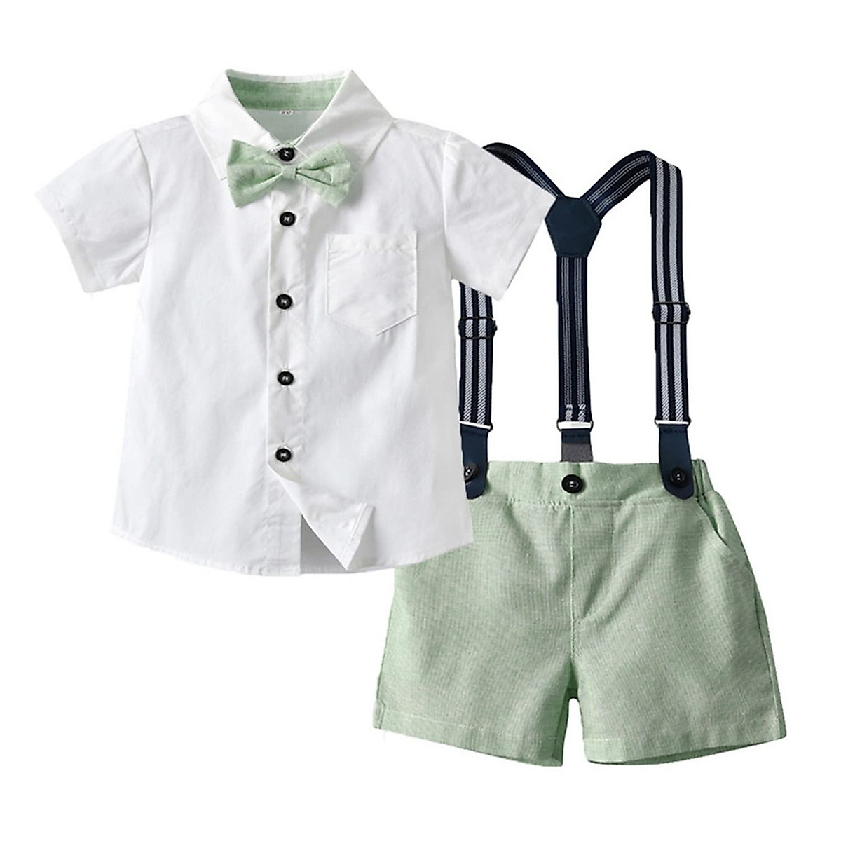 Volunboy Baby Boy Formal Short Set Toddler Summer Gentleman Outfit Kid Short Sleeve Bowtie Shirt Suspender Shorts Suit (White+Green, 2-3T)