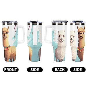 LLUTSNTH 40 Oz Vacuum Tumbler with White Handle Leakproof Insulated Tumbler Llama Alpaca Stainless Steel Travel Mug with Lid And Straw Coffee Cup Cute Water Bottles Cup Holder Friendly