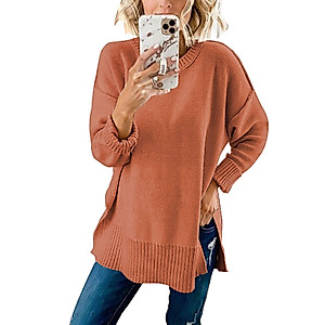 MEROKEETY Women's 2025 Fall Winter Casual Oversized Pullover Sweater Loose Crew Neck Long Sleeve Side Split Jumper Top, Orange, L