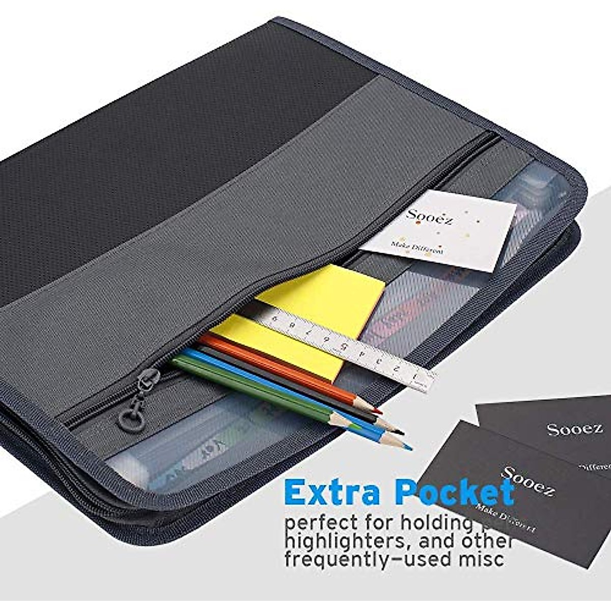 Sooez 13 Pocket Expanding File Folder with Zipper Closure, Accordion File Folder Document Organizer Expanding Zip File Folder with Sticky Labels, Letter A4 Paper Document Accordion Folder, Black