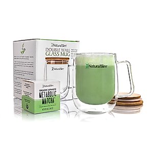NaturalSlim Double Wall Glass Mug & Metabolic Matcha Green Tea Powder - Borosilicate Clear Drinking Cup Insulated w/Bamboo Lid 13.5 oz. - Japanese Matcha for Metabolism Weight Loss Tea ​30g