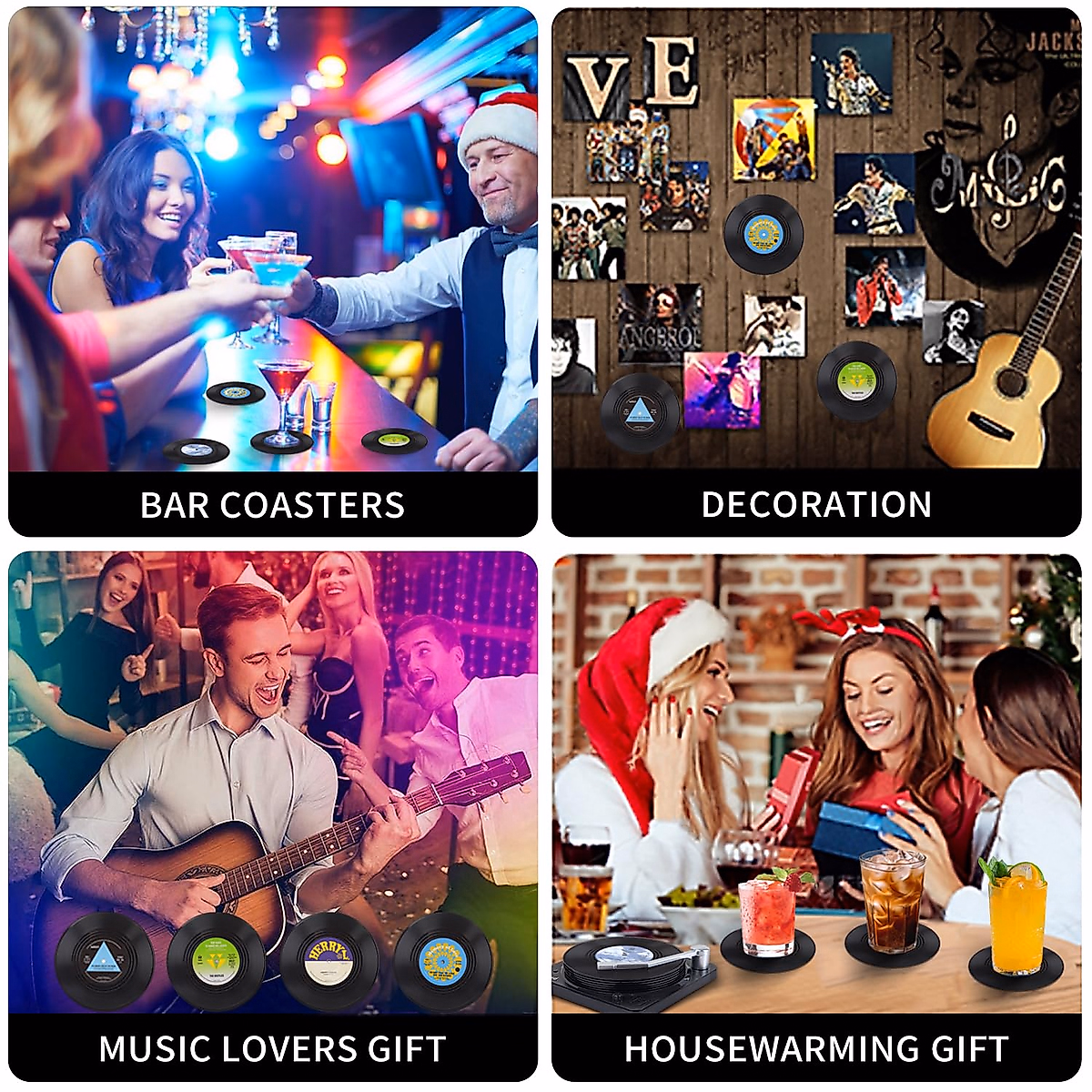 Funny Retro Vinyl Record Coasters for Drinks with Vinyl Record Player Holder for Music Lovers,Set of 6 Conversation Piece Sayings Drink Coaster,Housewarming Hostess Gifts, Wedding Registry Gift Ideas