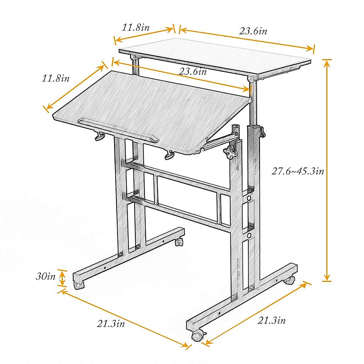 DlandHome Adjustable Rolling Desk Standing Desk, Sit-Stand Desk Cart Mobile Computer Desk Stand Up Desk Office Desk Riser Standing Table Workstation Mobile Desk, Oak