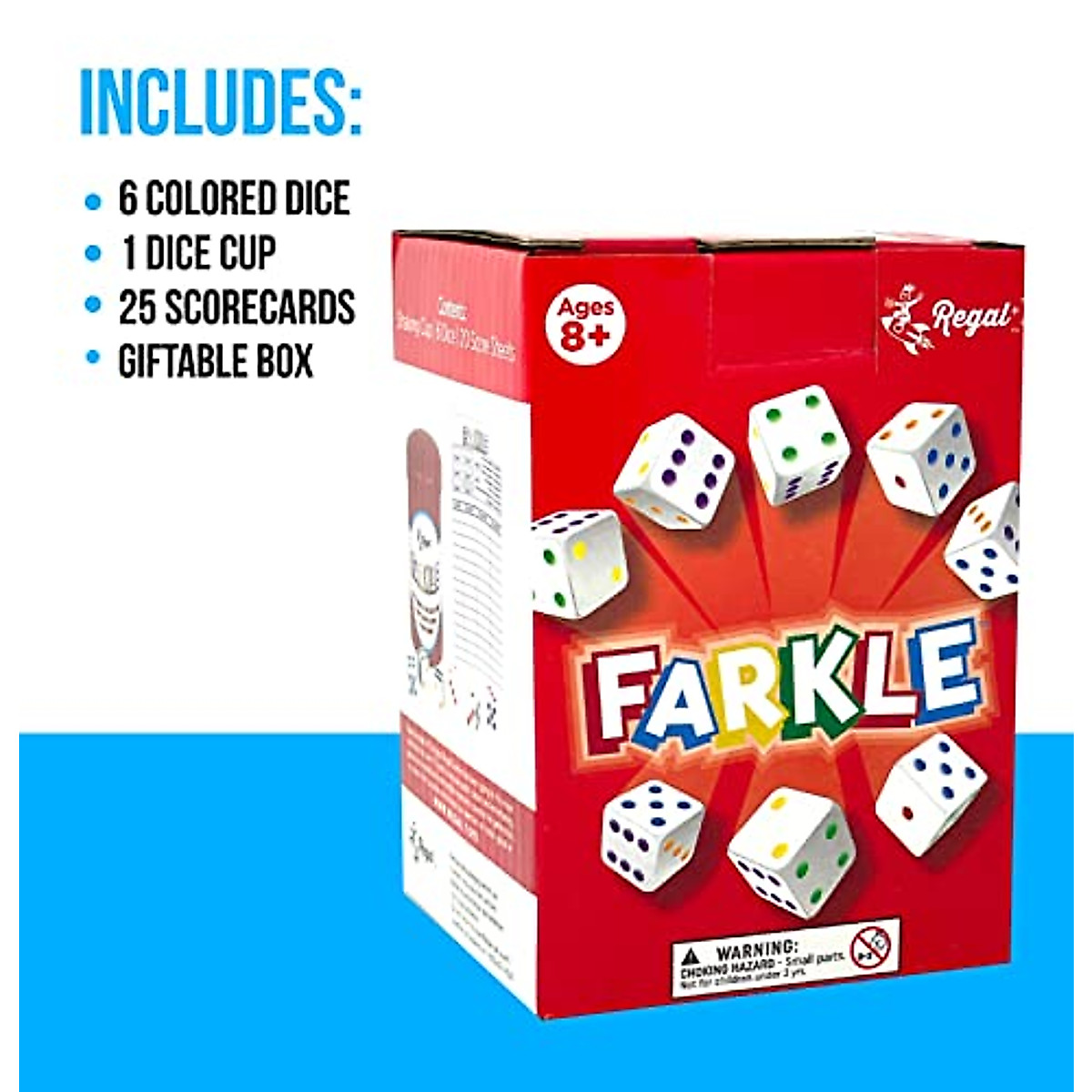 Regal Games - Farkle Dice Game - Fun Family-Friendly Dice Game - Includes Storage Cup with Lid, Six Dice, 25 Scorecards - Ideal for 2-4 Players Ages 12+