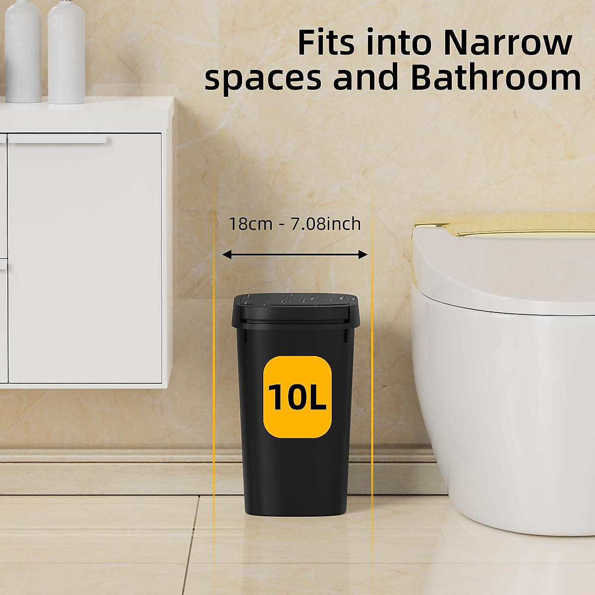 KSSKSS 3 Pack Bathroom Small Trash Can with Lid, 2.6 Gallon Slim Garbage Bin with Pop-Up Lid, 10L Plastic Wastebasket with Press Top Lid for Bedroom, Office, Kitchen, Toilet (Black)